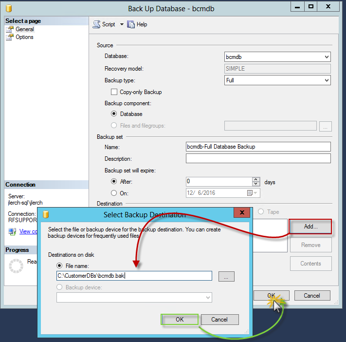 DB Backup Path and Filename ending in .BAK